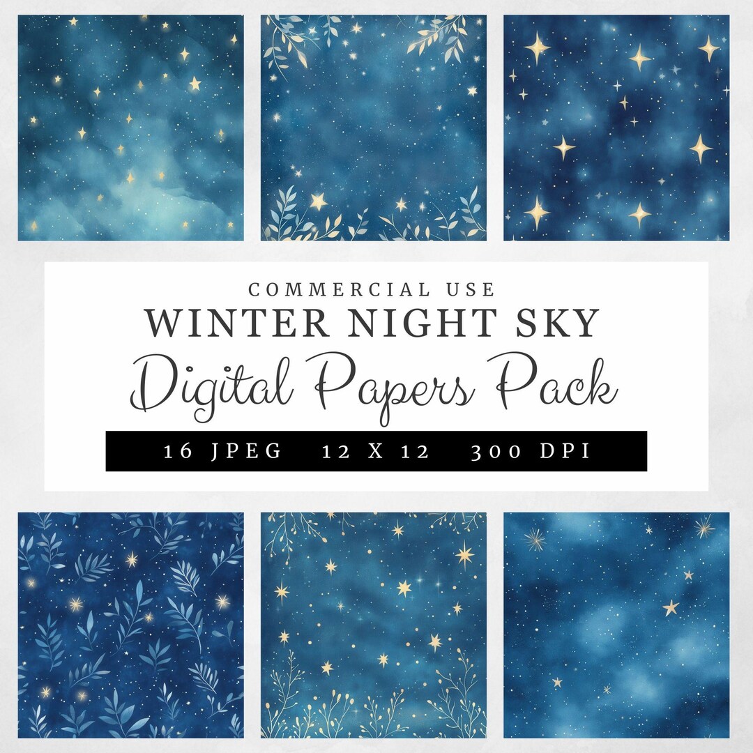 Winter Night Sky Digital Paper Pack, 16 Frosty Dark Blue Papers, 12x12 ...