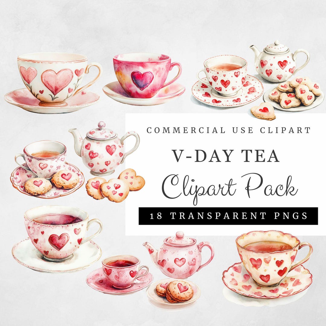 Watercolor Valentine's Day Tea, Teapot, Cookies & Hearts Clipart, 18 ...