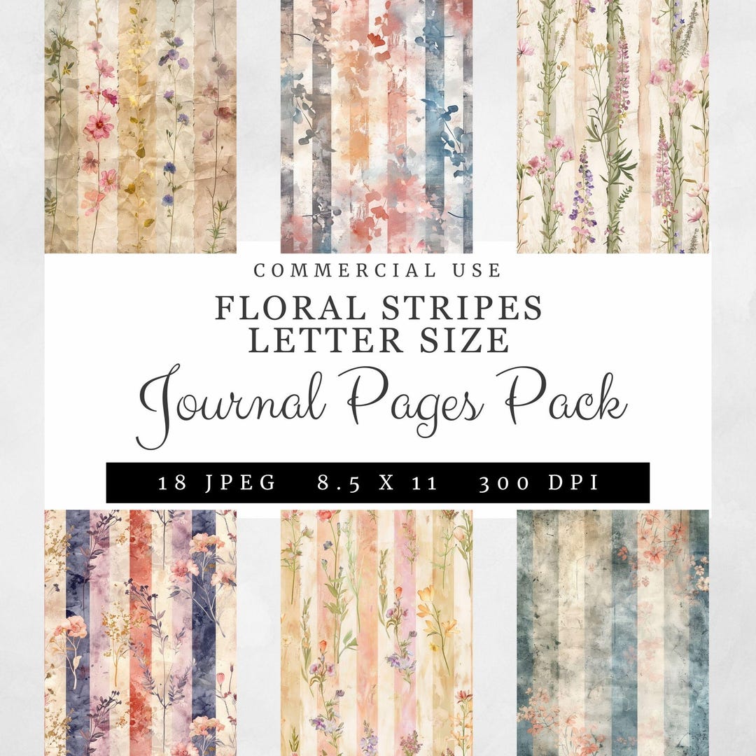 Floral Stripes Journal Pages, 18 Letter Size Pastel Printable Papers ...
