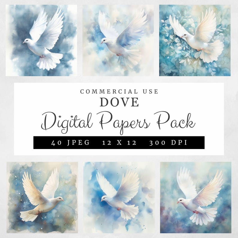 Dove Digital Paper Pack, 40 Watercolor Peace & Holy Spirit Backgrounds ...