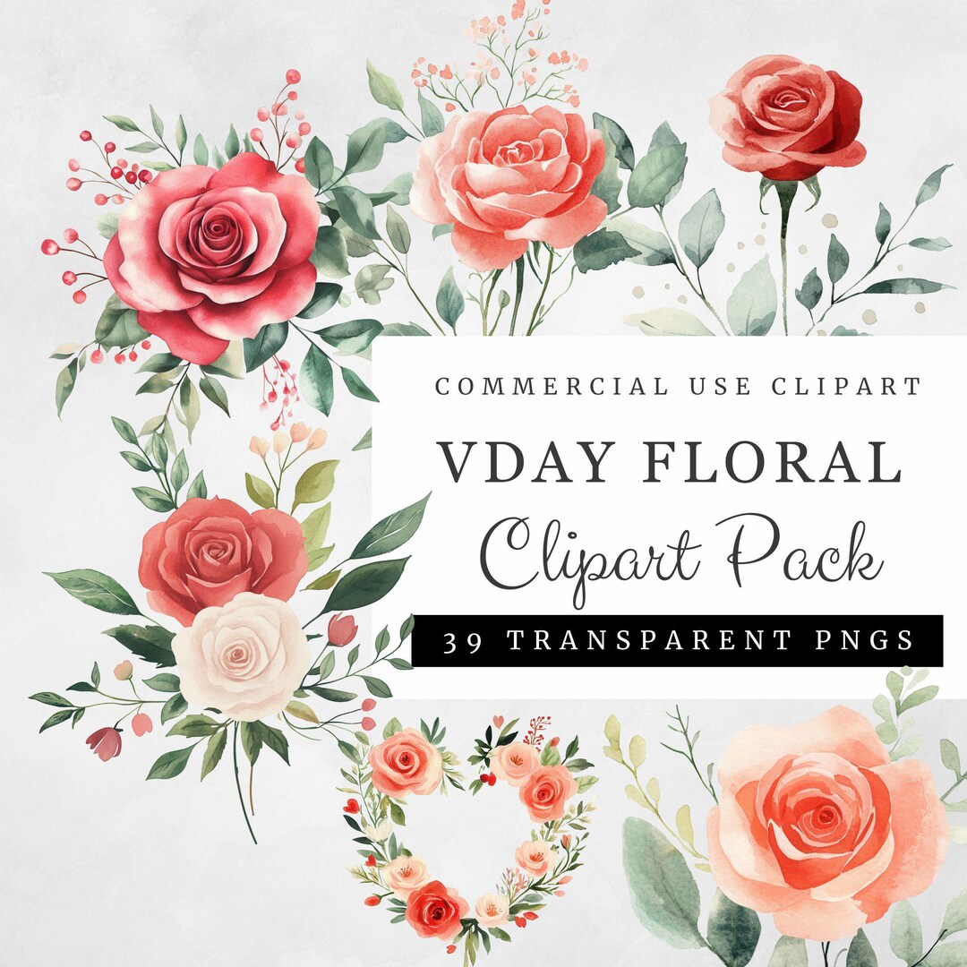 Valentine’s Day Floral Clipart, 39 Pngs, Roses, Bouquets, Heart-shaped ...