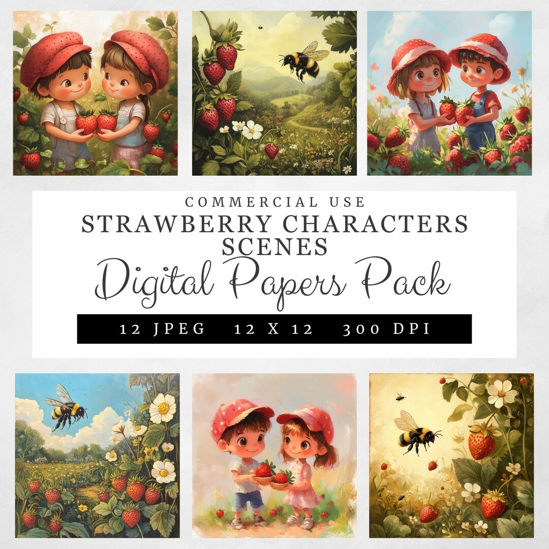Strawberry Characters Scenes Digital Papers, 12 Jpgs Boys & Girls ...