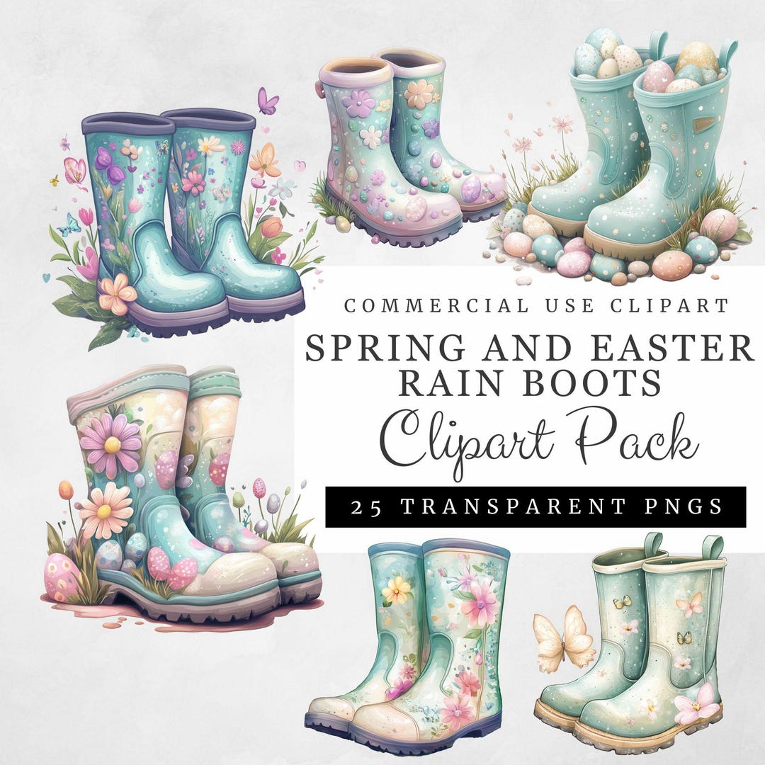 Spring & Easter Rain Boots Clipart, 25 Transparent Pngs, Floral Rubber ...