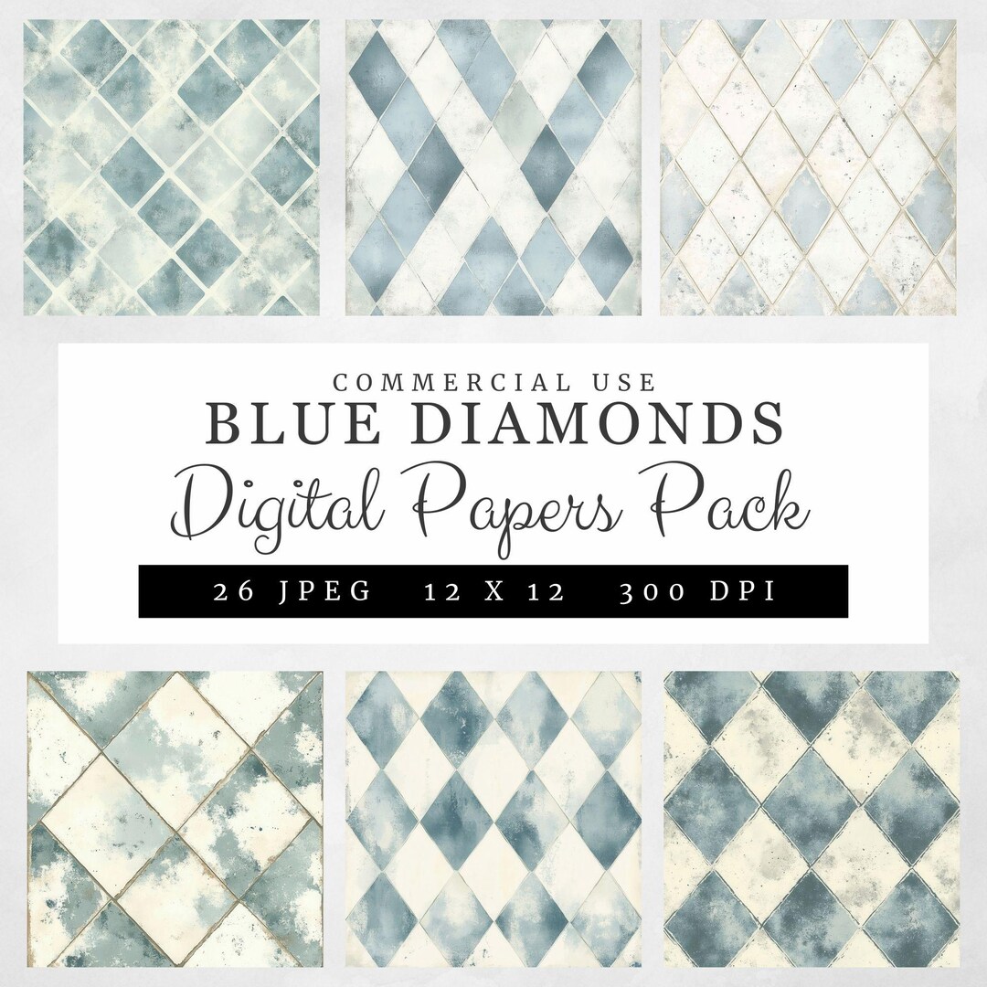 Blue Diamond Wallpaper Digital Paper Pack, 26 Faded Vintage Diamond ...