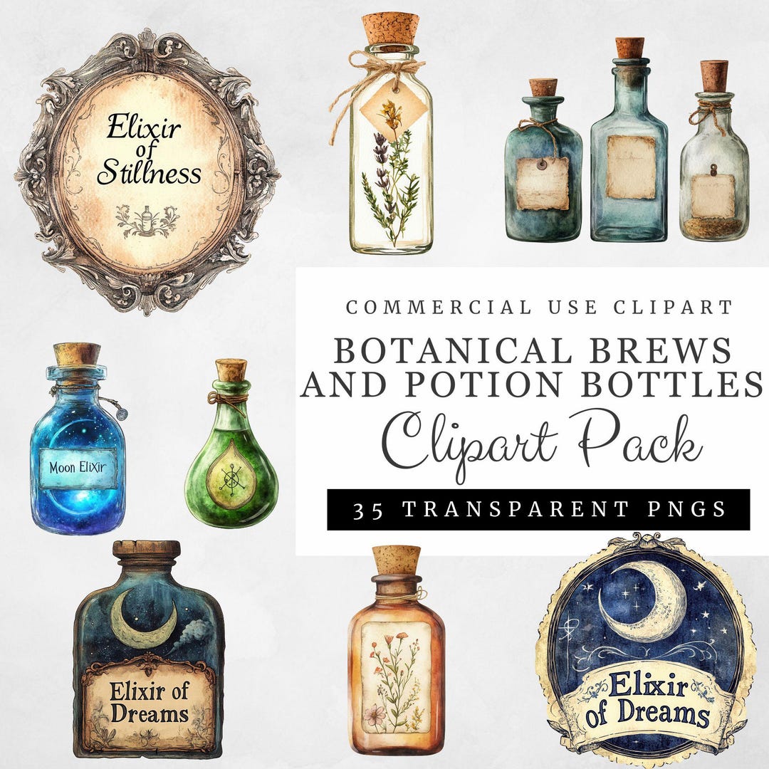 Botanical Brews and Potion Bottles Clipart Pack 35 Transparent Pngs ...