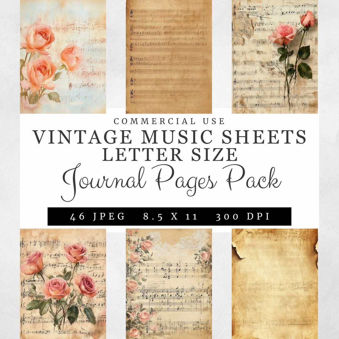 Vintage Sheet Music & Roses Journal Pages, 46 Letter-size Floral Music ...