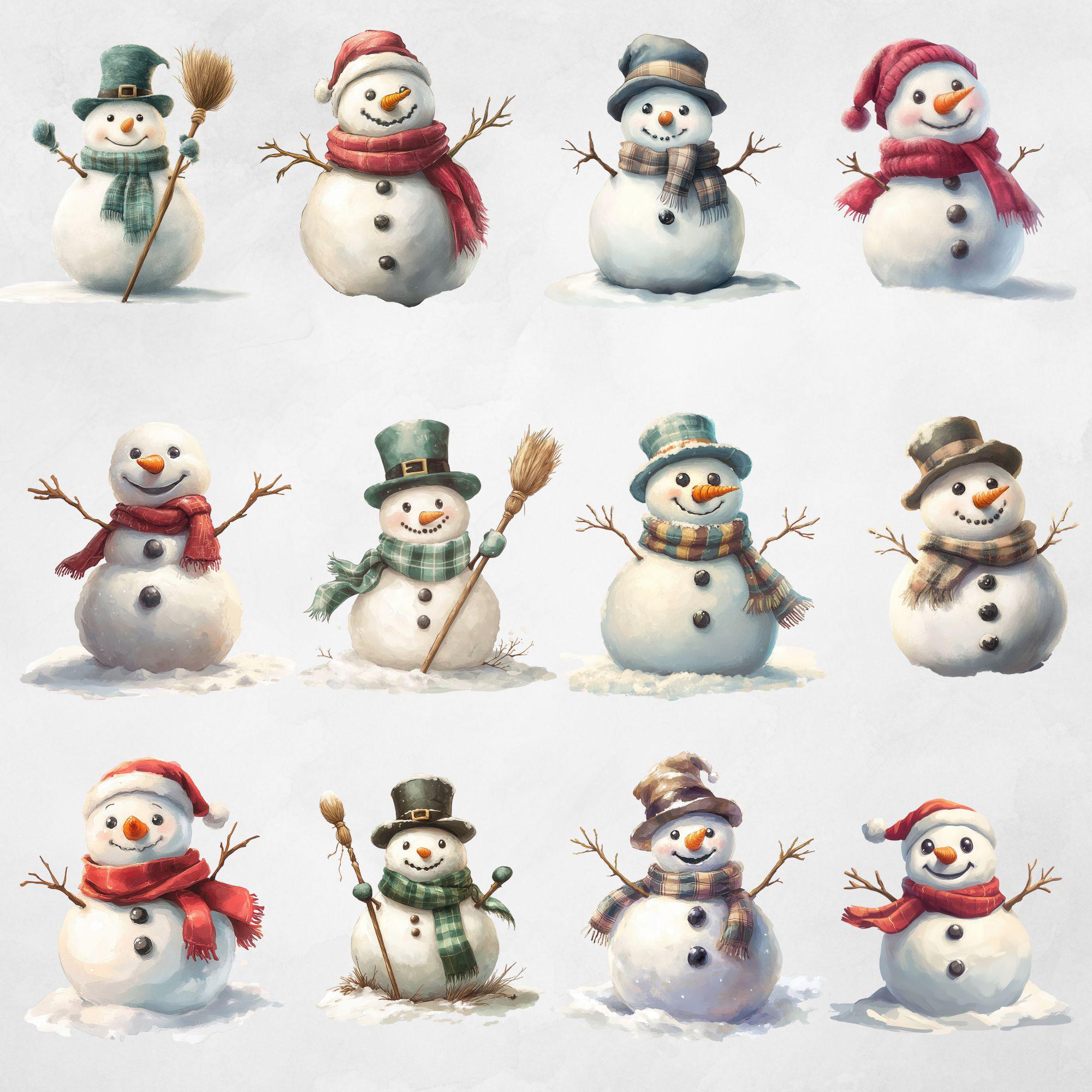 Classic Watercolor Snowmen Clipart Pack 36 Transparent Pngs Snowman ...