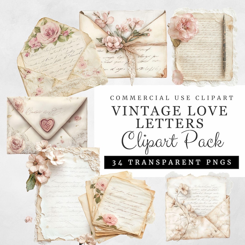 Vintage Love Letters Clipart, 34 Pngs, Romantic Aged Envelopes, Wax ...