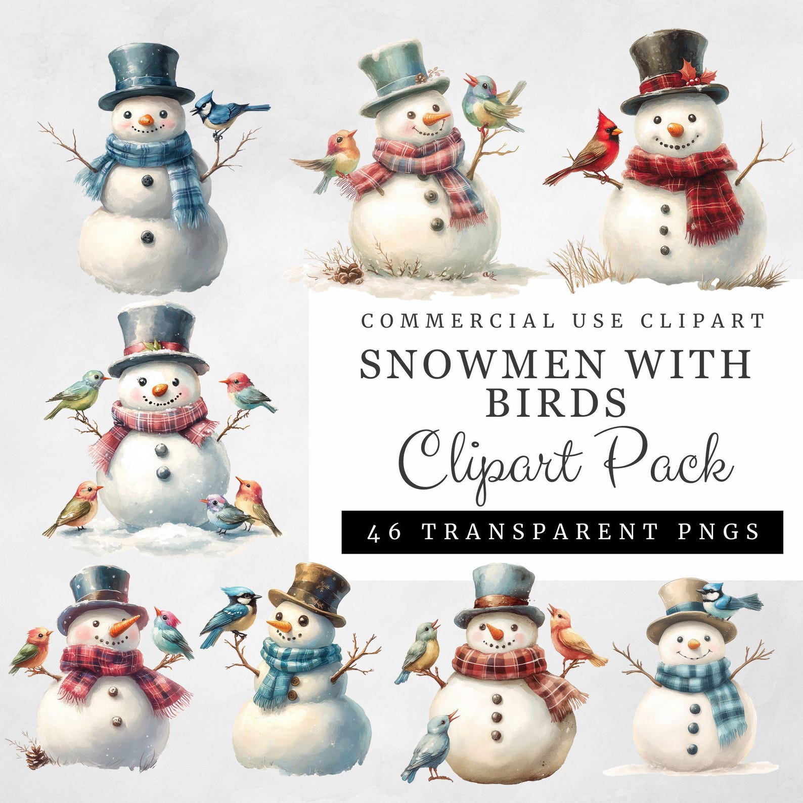 Snowmen With Birds Clipart 46 Transparent Pngs Classic Snowmen With ...
