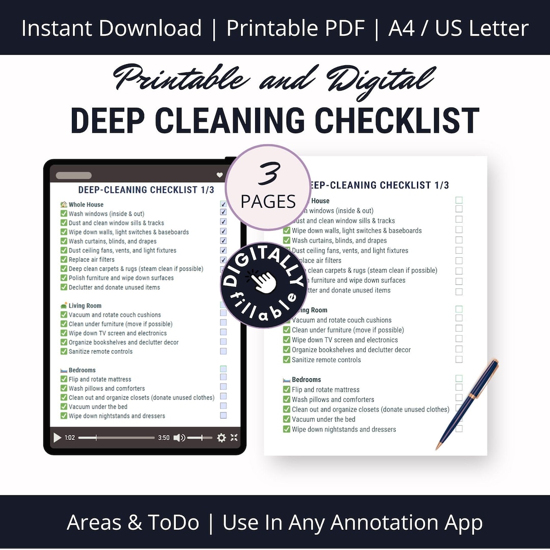 Deep Cleaning Checklist Printable and Digitally Fillable PDF, Step by ...