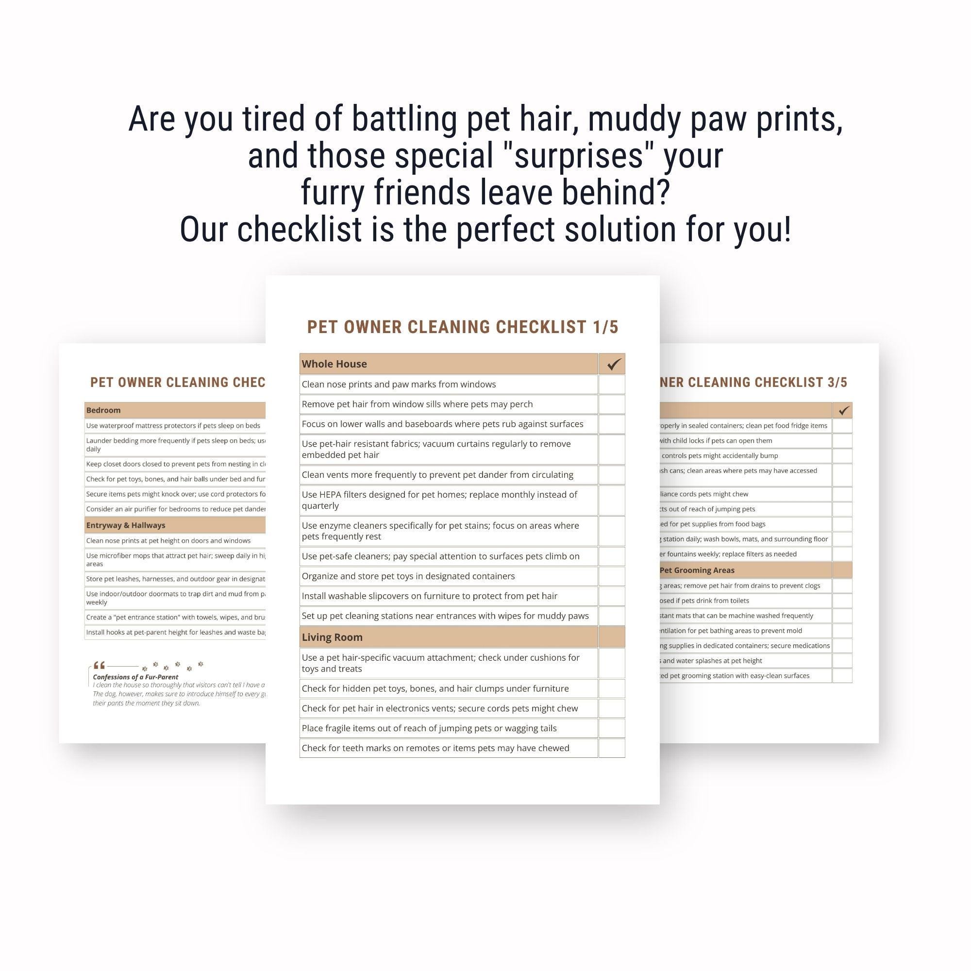Pet Owner Cleaning Checklist Printable Pages PDF, 15-30-60 Minutes ...