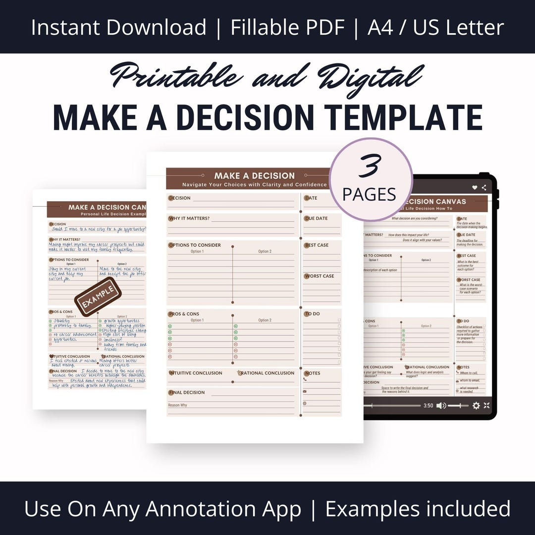 Easy Make Decision Printable and Digitally Fillable Template, Journal ...