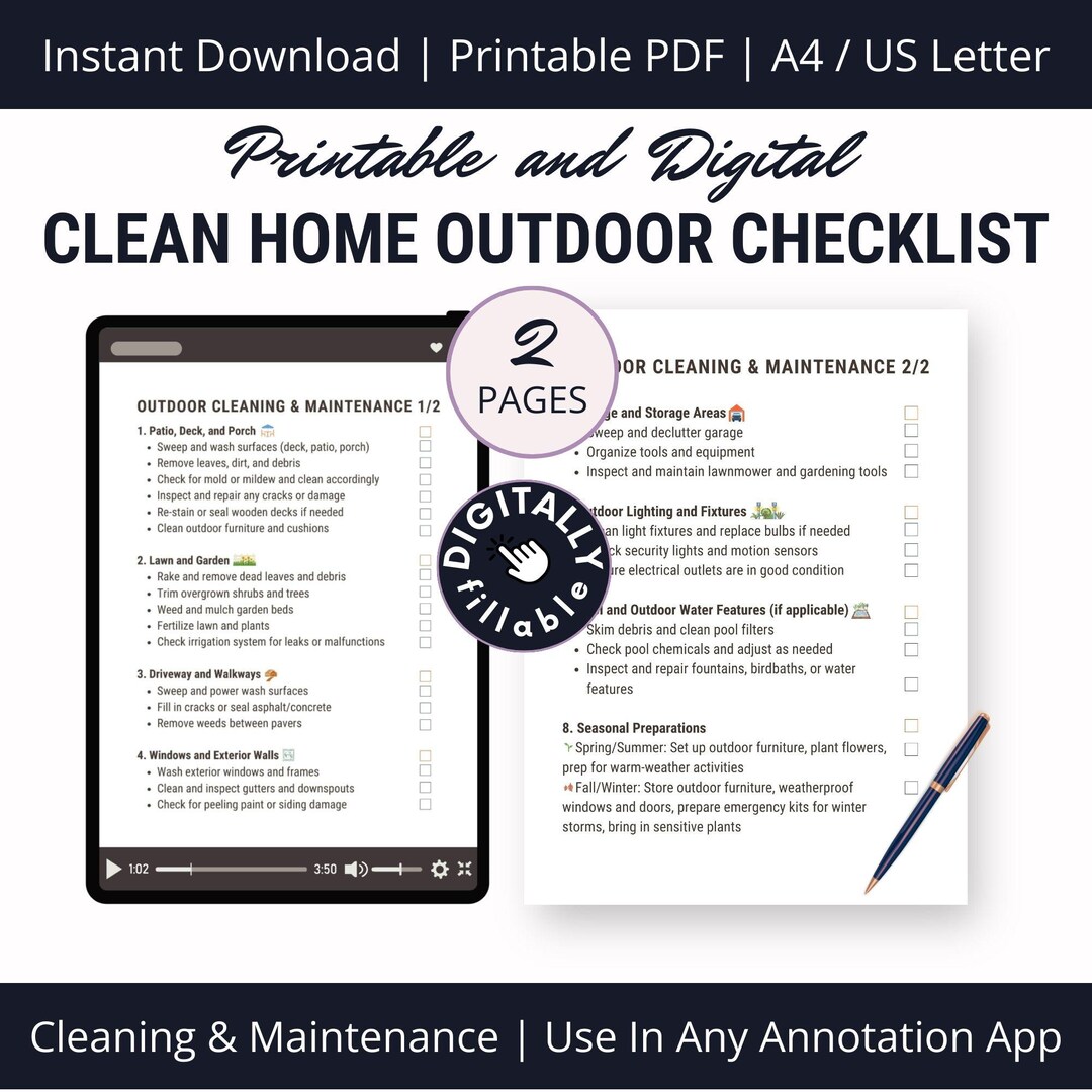 Outdoor Home Cleaning and Maintenance Checklist, Area by Area Printable ...