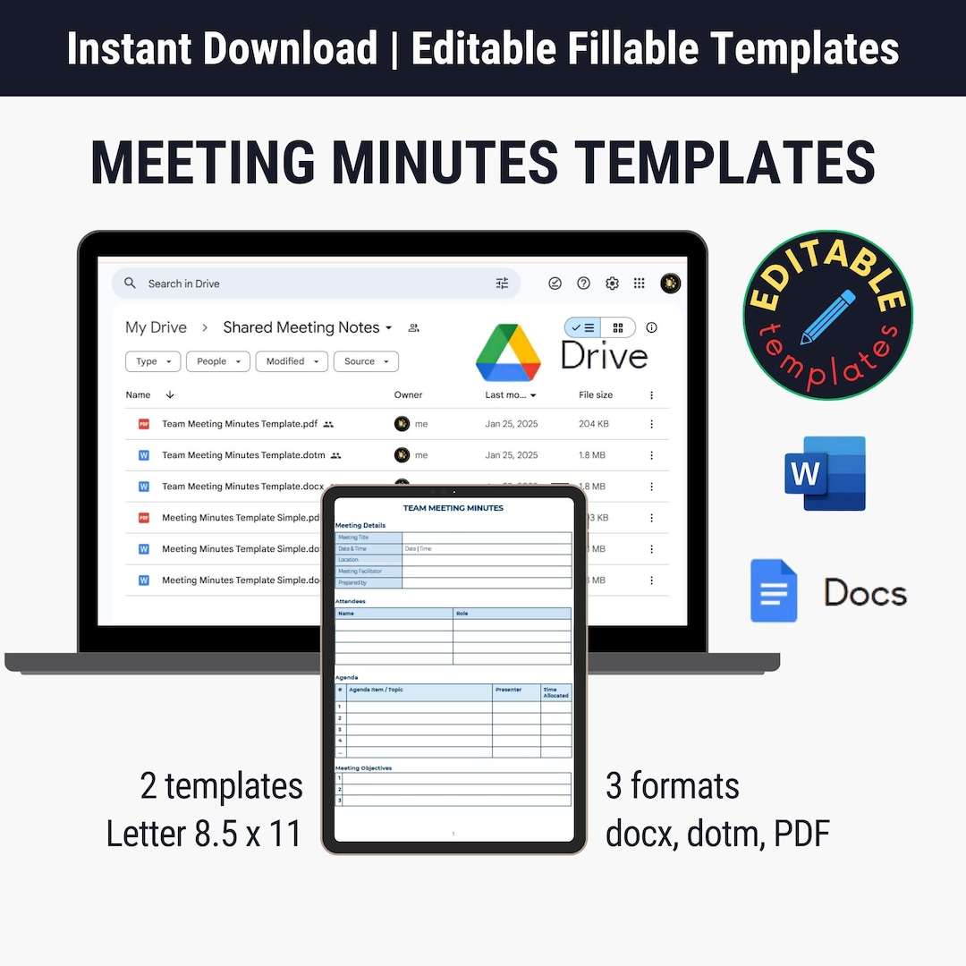 Meeting Minutes Editable Fillable Templates, Simple Notes Google Drive ...