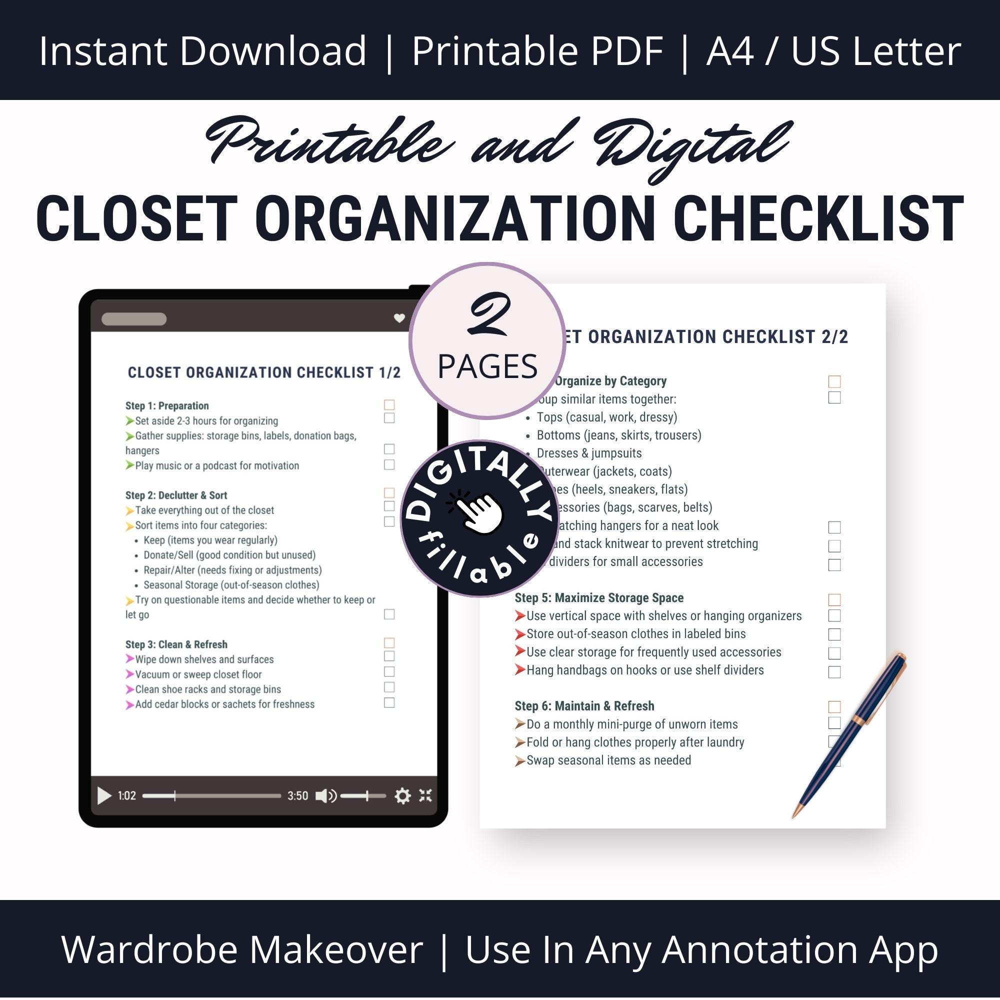 Closet Cleanout Planner Insert Checklist, Clothing Declutter and ...