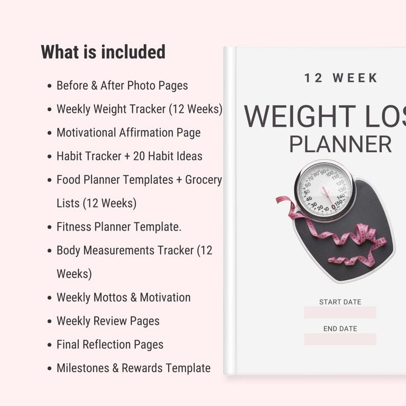 Motivational Weight Loss Planner Inserts, 12 Week Diet Journal ...