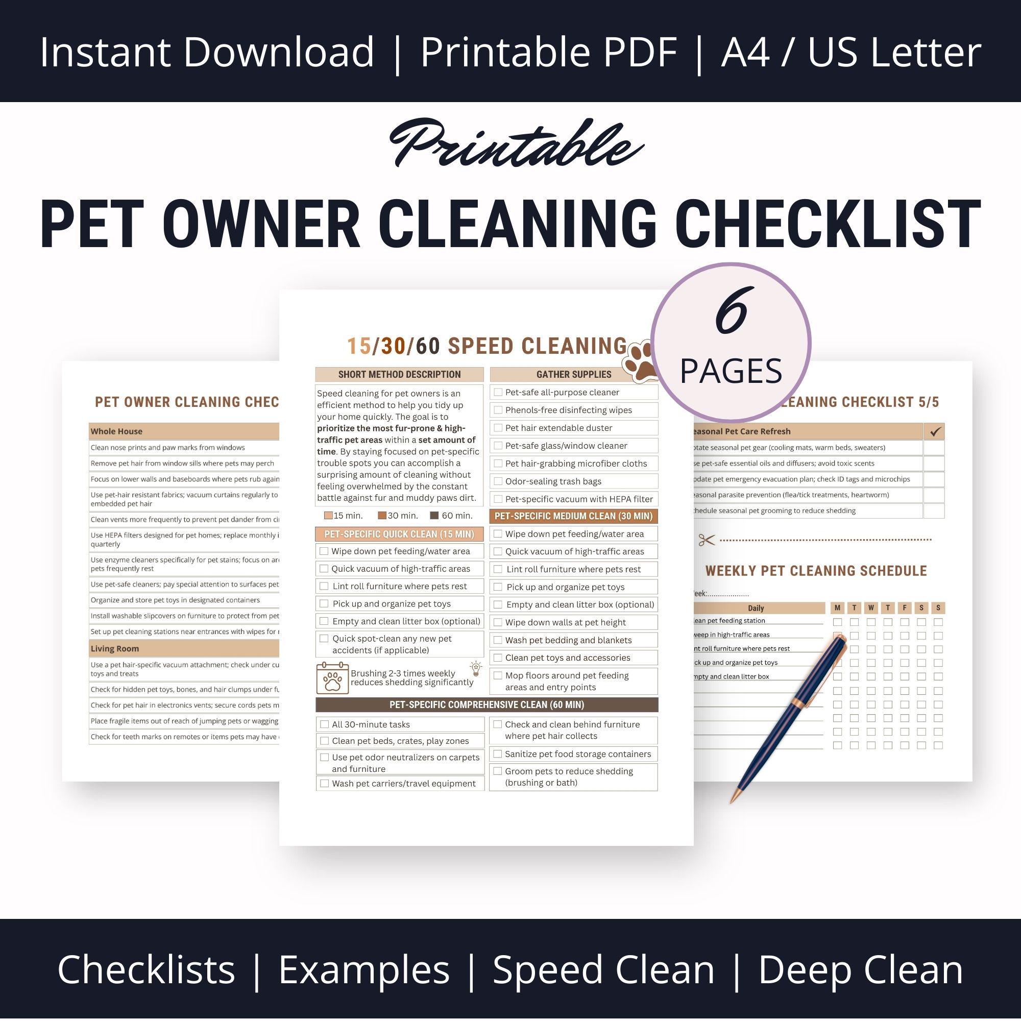 Pet Owner Cleaning Checklist Printable Pages PDF, 15-30-60 Minutes ...