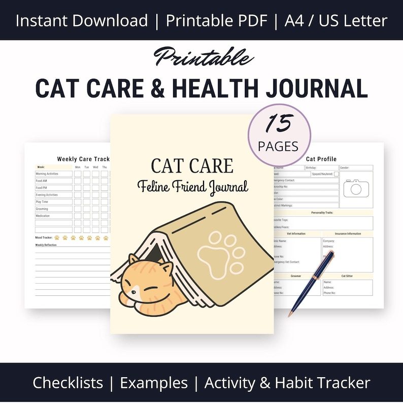 Cat Care Activity and Health Journal, Printable Kitten Owner Planner ...