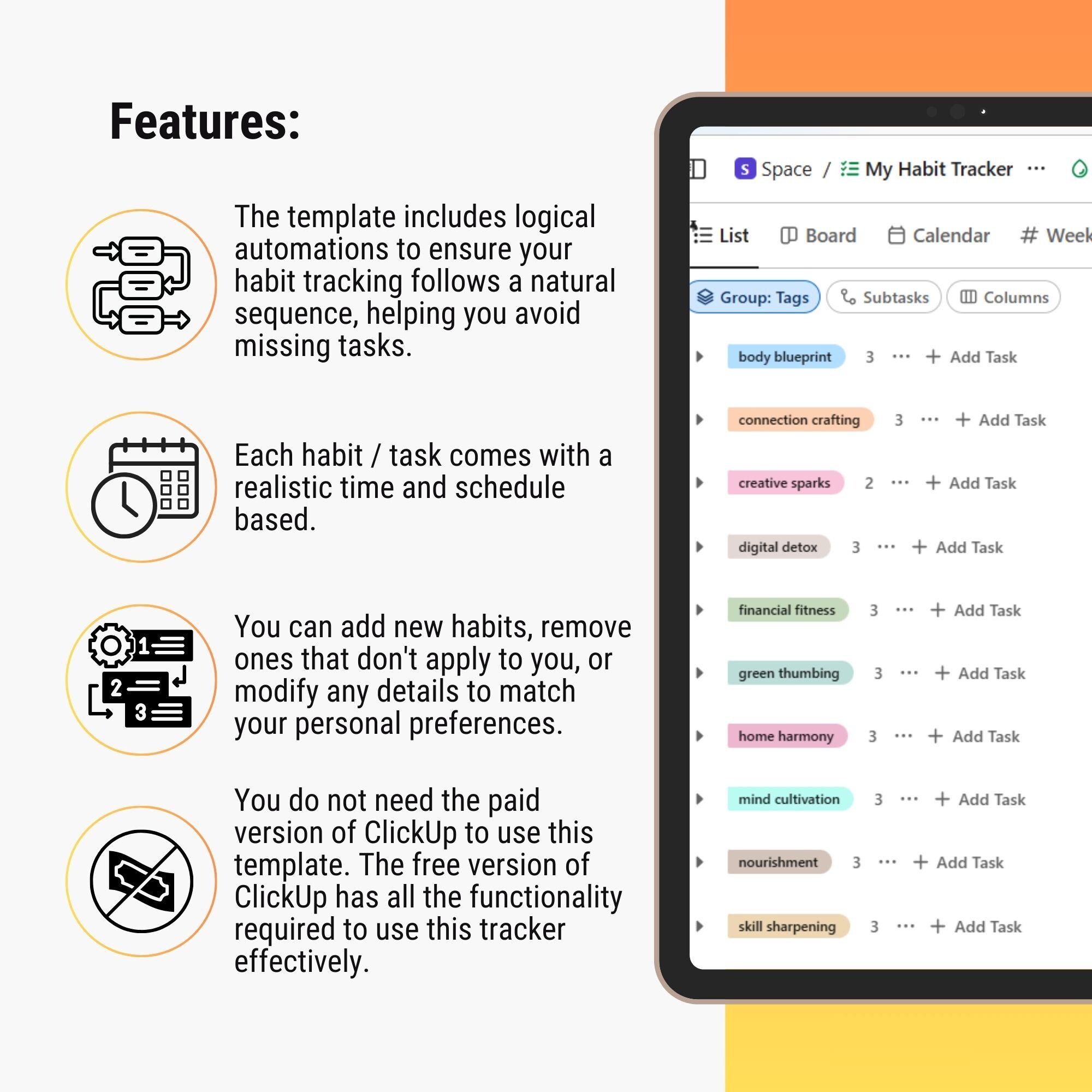 Clickup Habit Tracker, Customizable Mobile App, Free Editable, Build ...