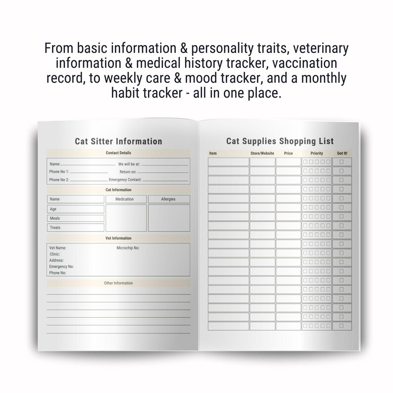 Cat Care Activity and Health Journal, Printable Kitten Owner Planner ...