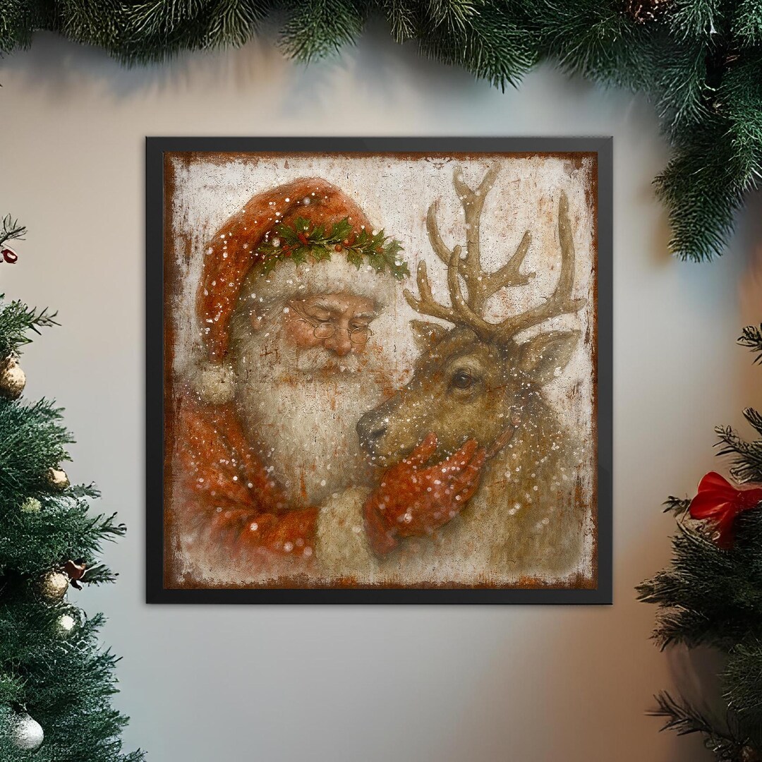 Vintage Santa and Reindeer Canvas – Rustic Christmas Wall Art ...