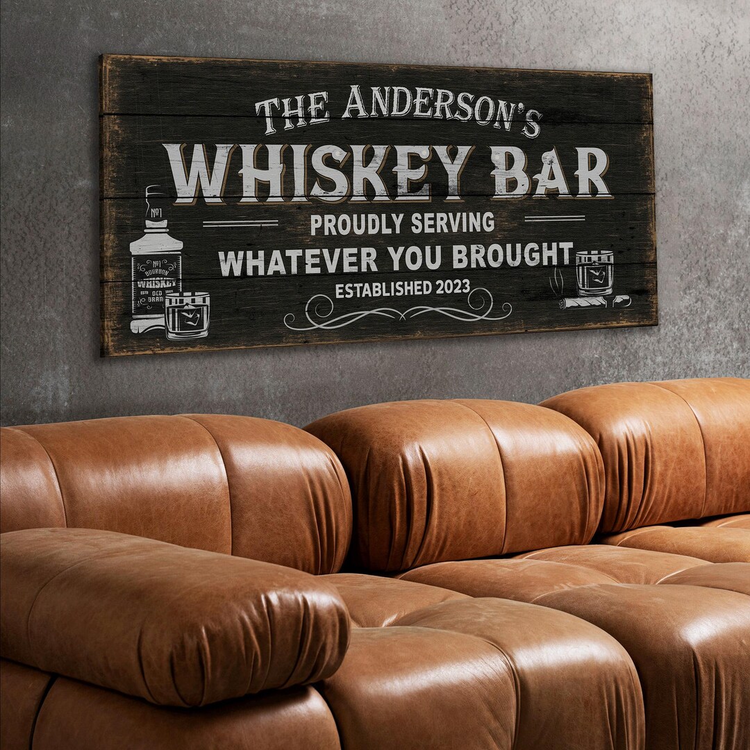 Rustic Whiskey Bar Sign – Custom Family Name Canvas, Home Pub Gift for ...