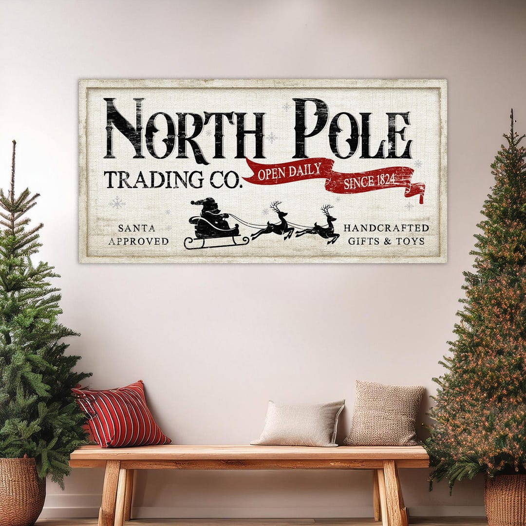 North Pole Trading Co. Sign – Rustic Christmas Wall Art, Santa Sleigh ...
