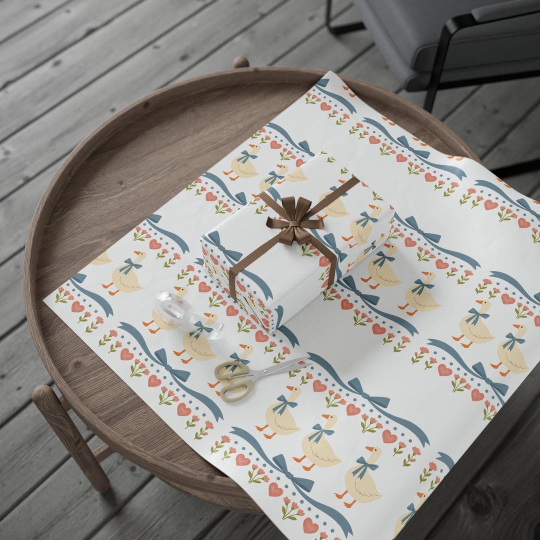 Cozy Goose Cottagecore Heart Grandma Pattern Country Blue Bow Wrapping ...