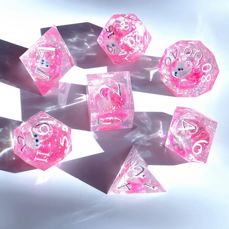 Pink Cat Resin Dice Set, White Cat Decal on Inner Walls, Sparkly Mica ...