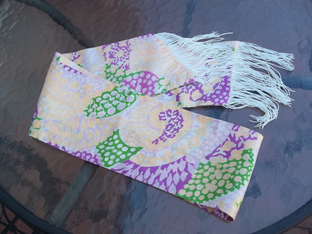 Vintage 60's 70's Long Retro Sash With White Fringe Ends Purple Green ...