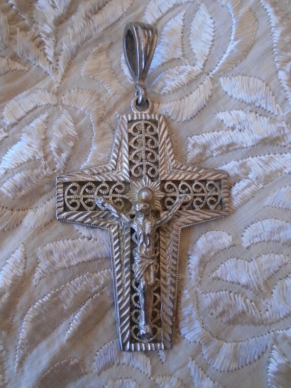 Vintage Filigree Silver Cross Large with shell Pearl … - Gem
