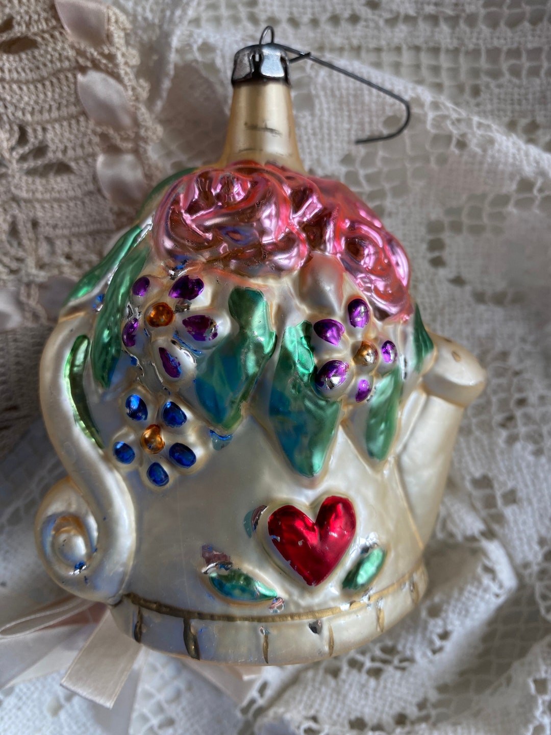 Vintage Glass Watering Can Christmas Ornament With Heart and Roses Pink ...