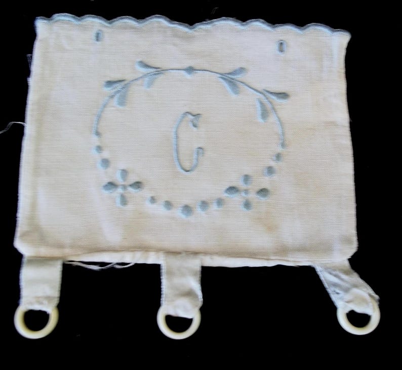 Antique Small Pouch With Embroidery Initial C With Hanging Loops ...