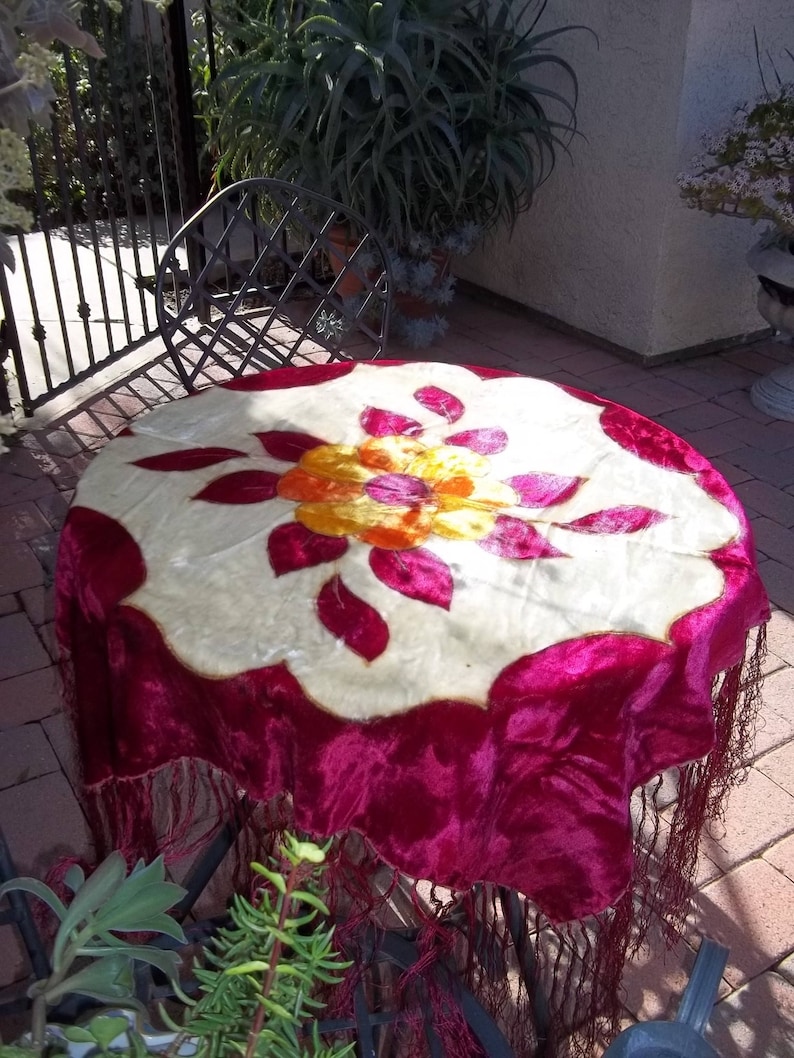 Large Vintage Velvet Tablecloth With Fringe Rare Floral Center | Etsy