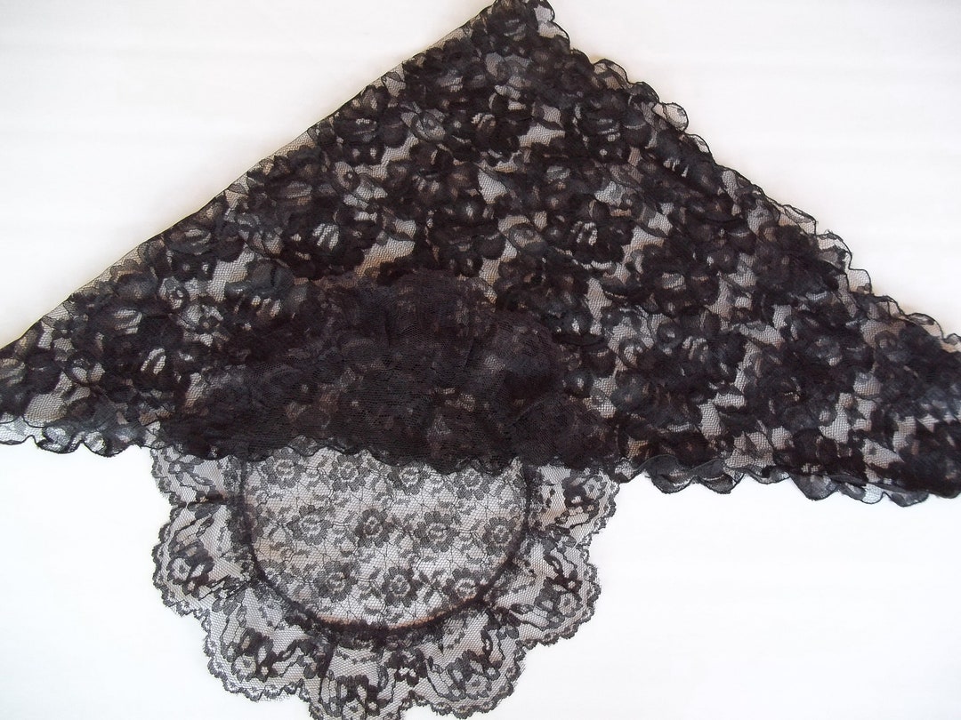 Vintage Set Black Lace Mantilla Scarf and Head Topper Floral Design ...