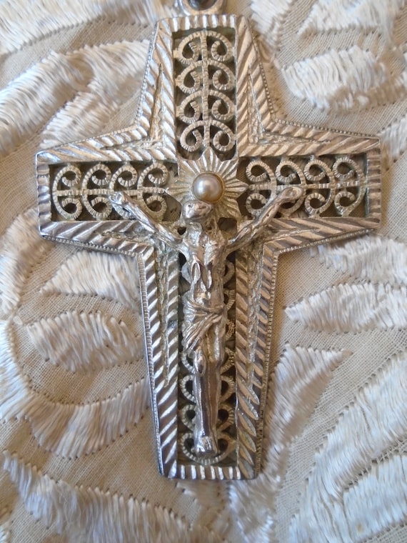 Vintage Filigree Silver Cross Large with shell Pearl … - Gem