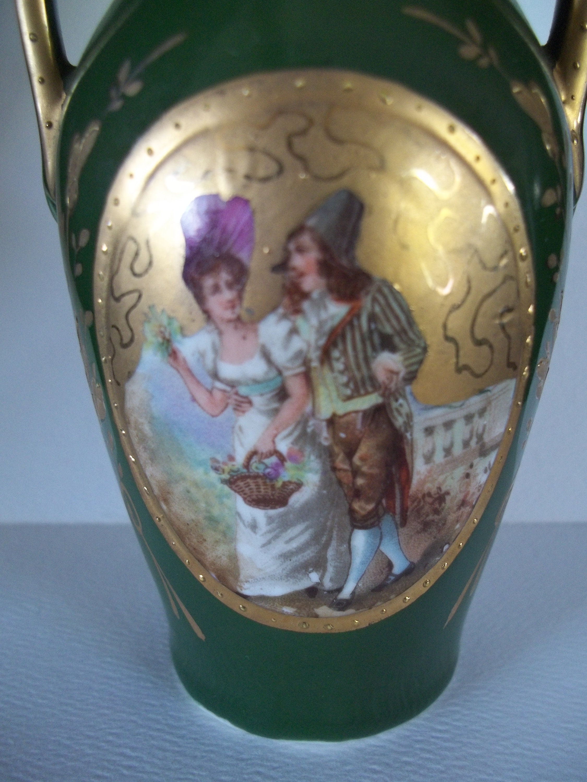 Vintage German 2 Handle Vase Couple Front Dark Green With Gold Moriage ...
