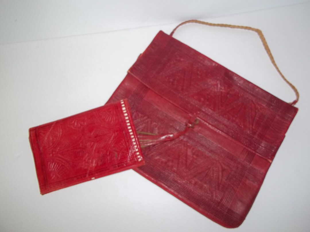 Vintage Moroccan Tooled Red Leather Wallet and Clutch Purse Unique Set ...
