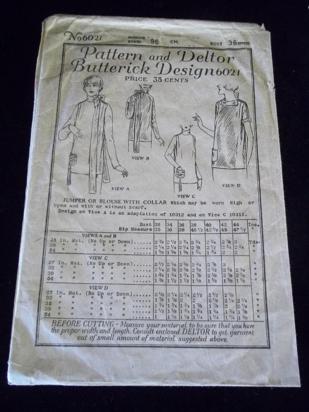 Original Antique 1920's Tunic Top Sew Pattern Butterick N06021 Flapper ...
