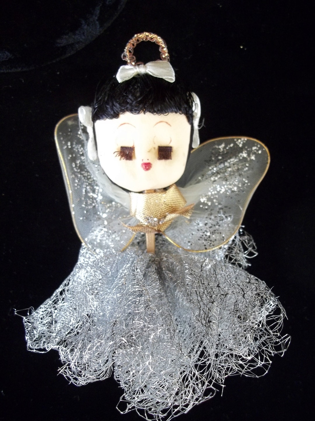 1950's 60's Pipe Cleaner Christmas Netted Wings Dark Black Hair Angel ...