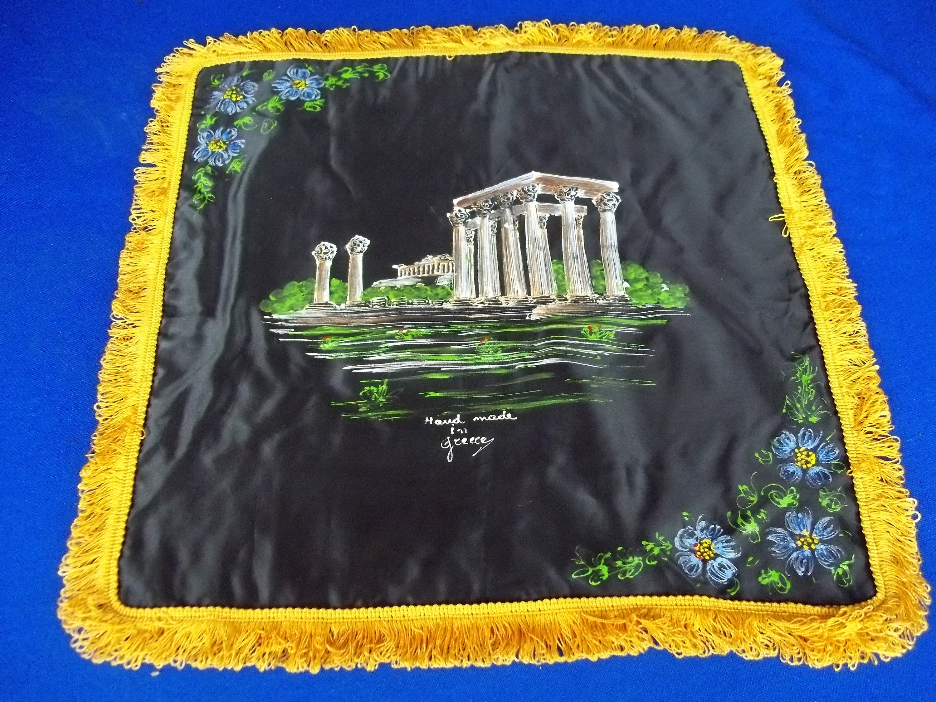 Vintage Greek Pillow Cover Hand Painted on Black Satin Gold | Etsy