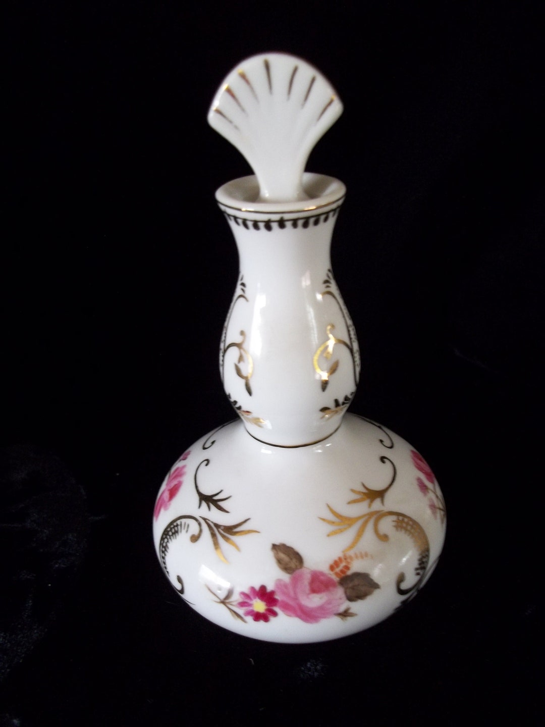 Vintage Porcelain Perfume Bottle Hand Painted Pink Roses 1950's Foil ...