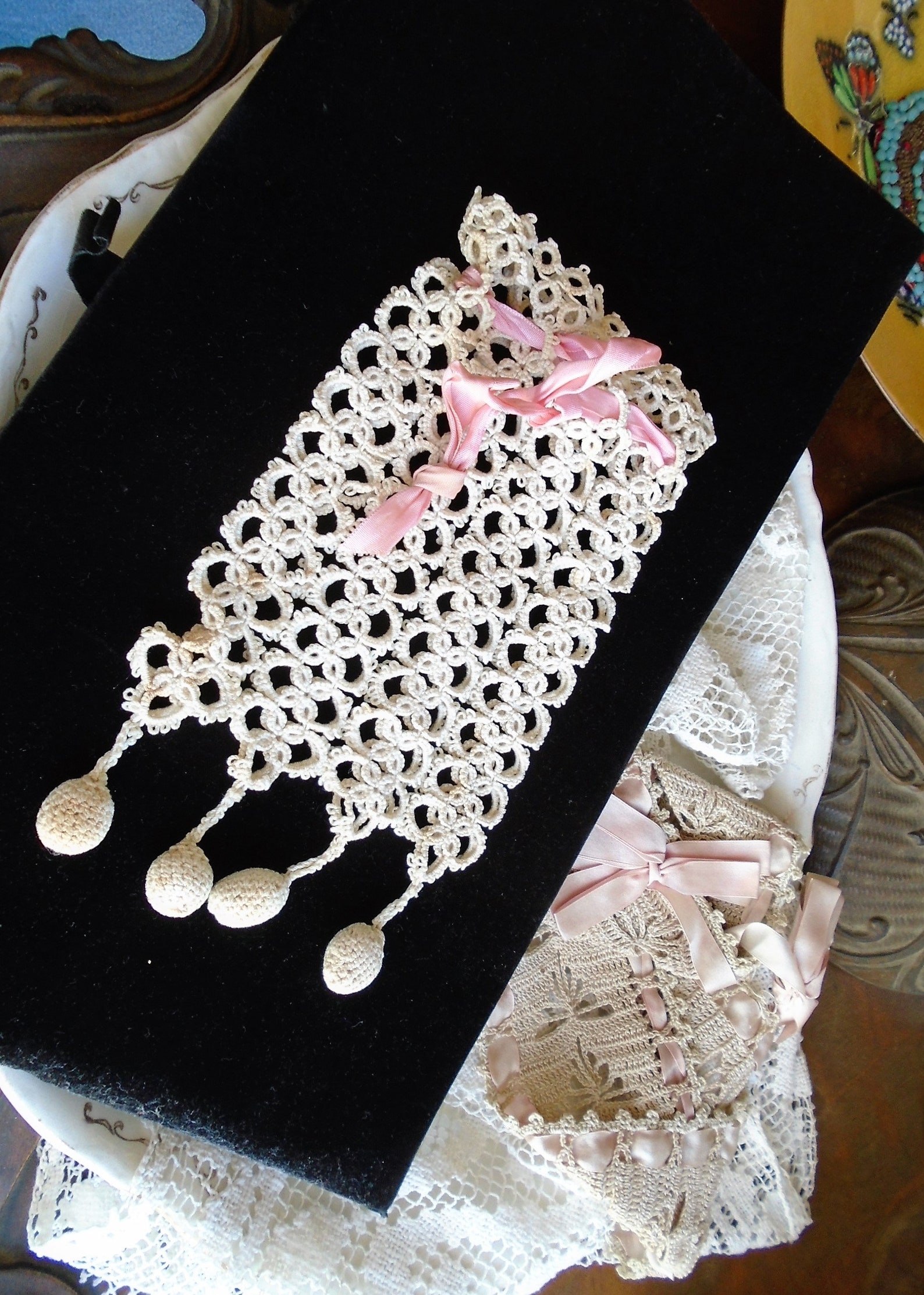 Vintage Pre 1920's Small Tatted Pouch With Crochet Drop Ball Edge ...