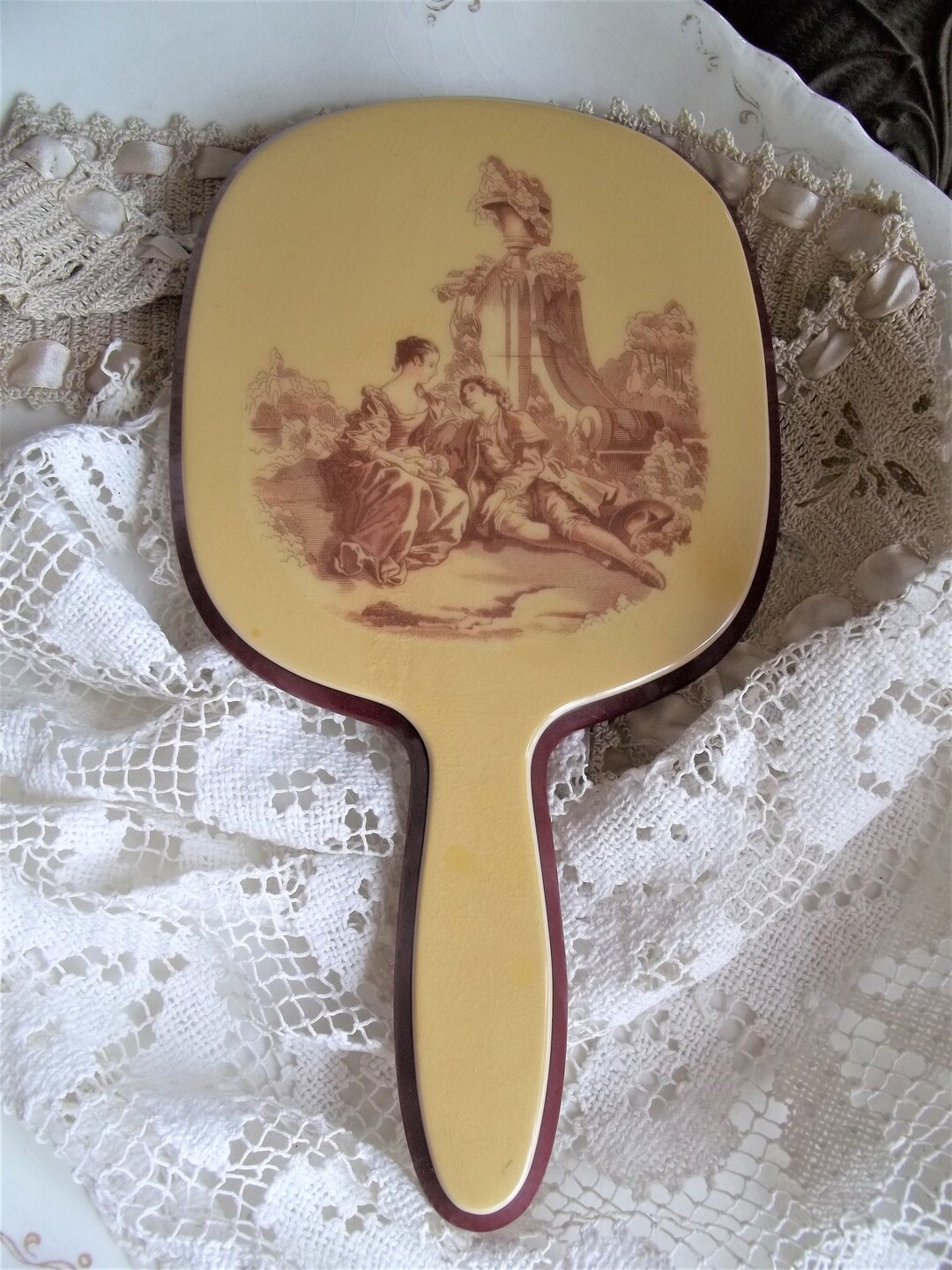 Vintage Hand Mirror Romantic Scene Lucite Dupont USA Faux Celluloid ...