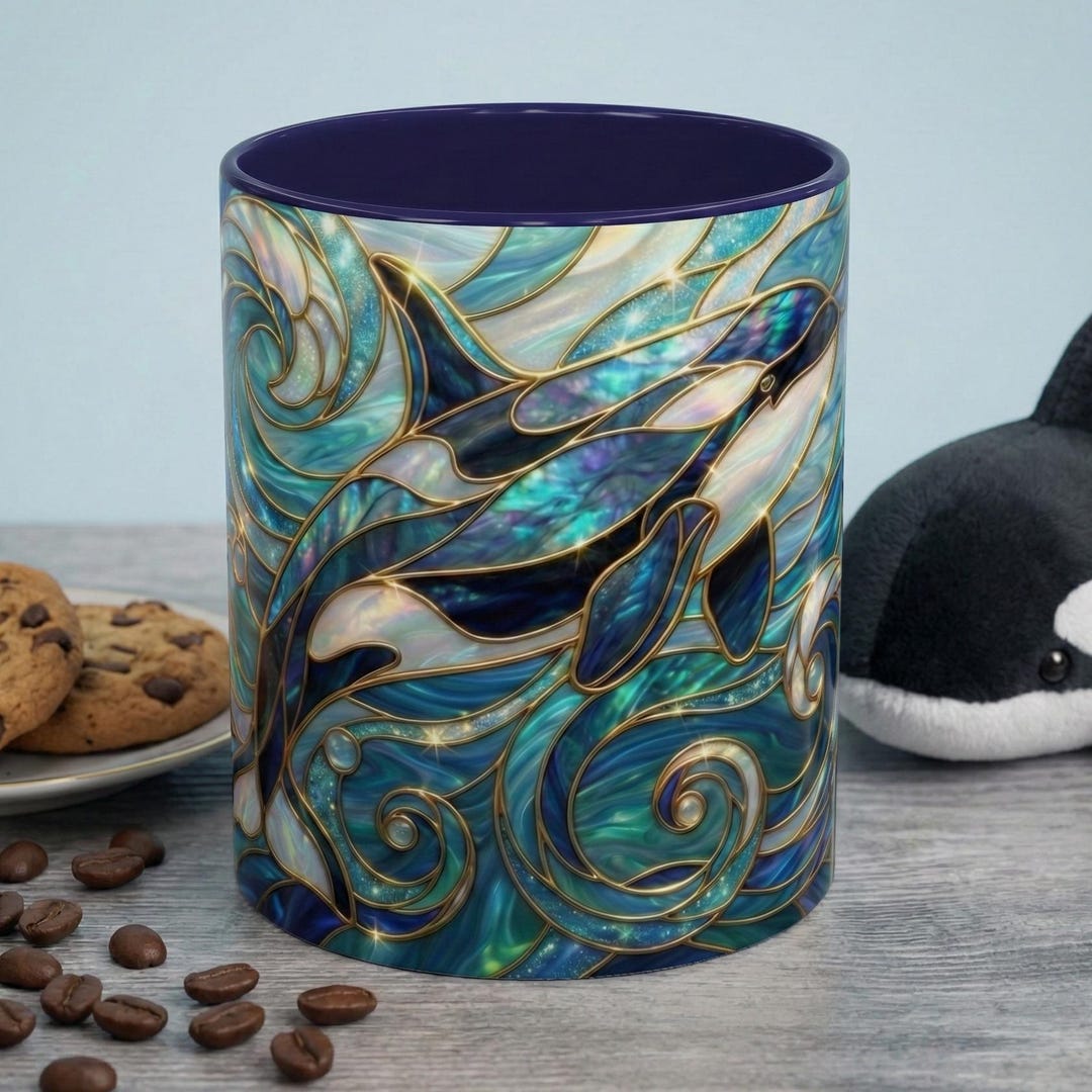 Orca Whale Coffee Mug, Ocean Art Mug, Stained Glass Whale Design ...