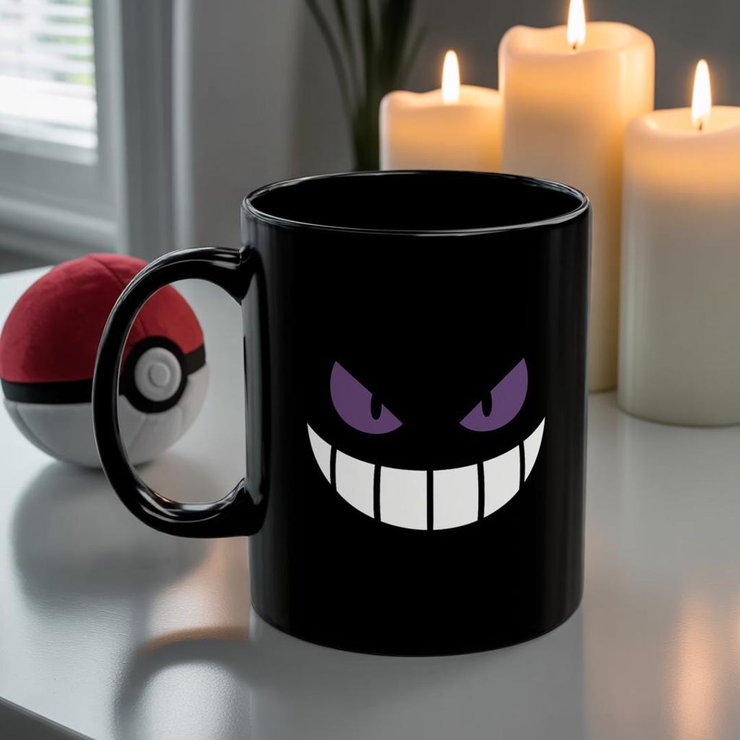 Mischievous Purple Eyes Mug - Black Coffee Cup With Spooky Grin - Cute ...