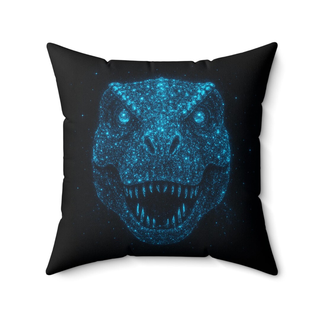Bioluminescent T-rex Dinosaur Pillow - Blue Sparkle Dino Face Throw ...