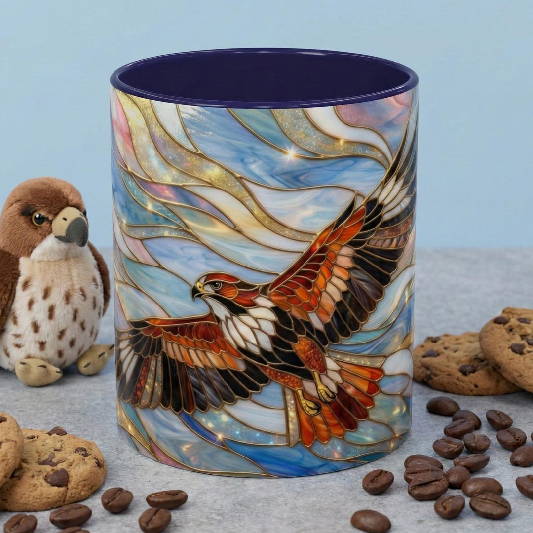 Hawk Coffee Mug, Stained Glass Hawk Mug, Bird of Prey Art Mug, Nature ...