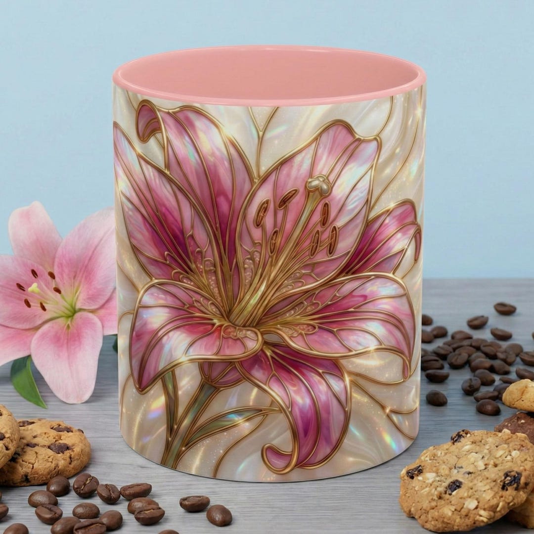 Stained Glass Pink Lily Mug, Floral Coffee Mug, Lily Flower Mug ...