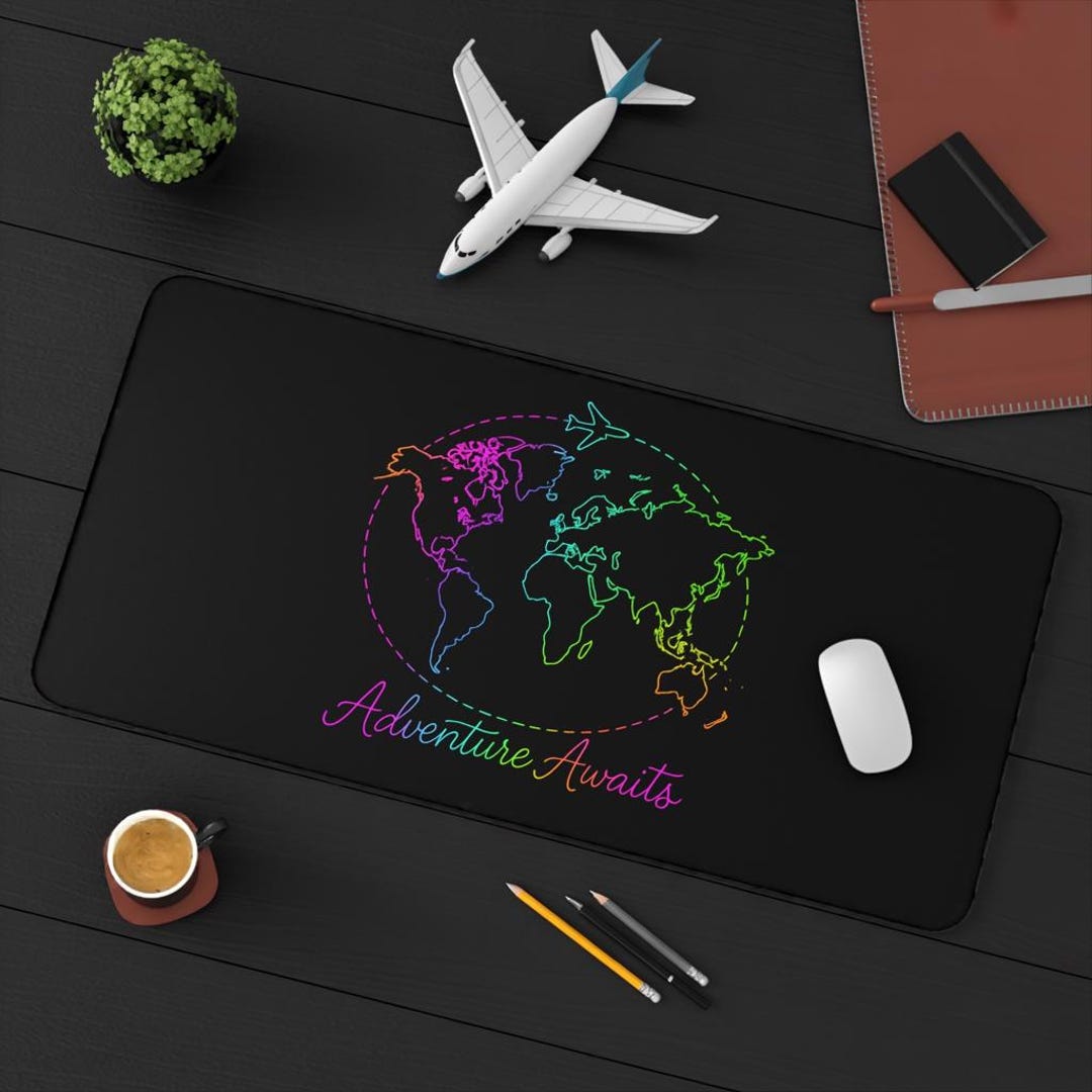 Adventure Awaits Neon Desk Mat - Y2K Rainbow World Map and Airplane XL ...